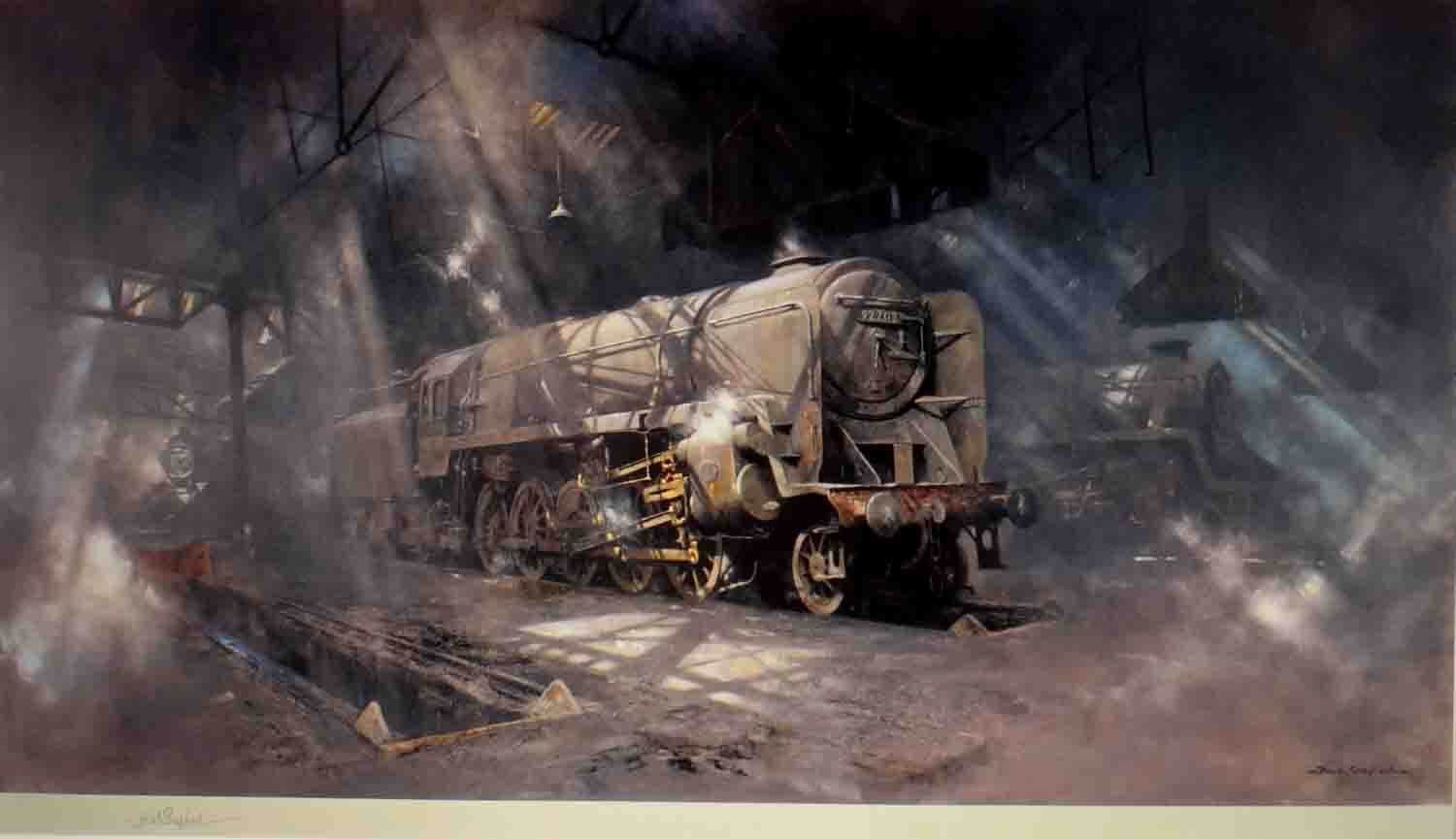 David Shepherd signed, on shed, trains